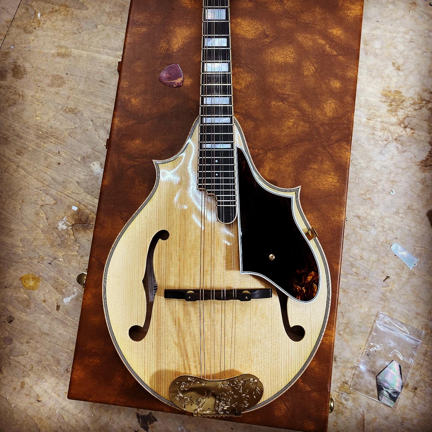 S.tsujiGuitars Flat Mandolin DA Model Brass tailpiece production 装着 | 辻 ...